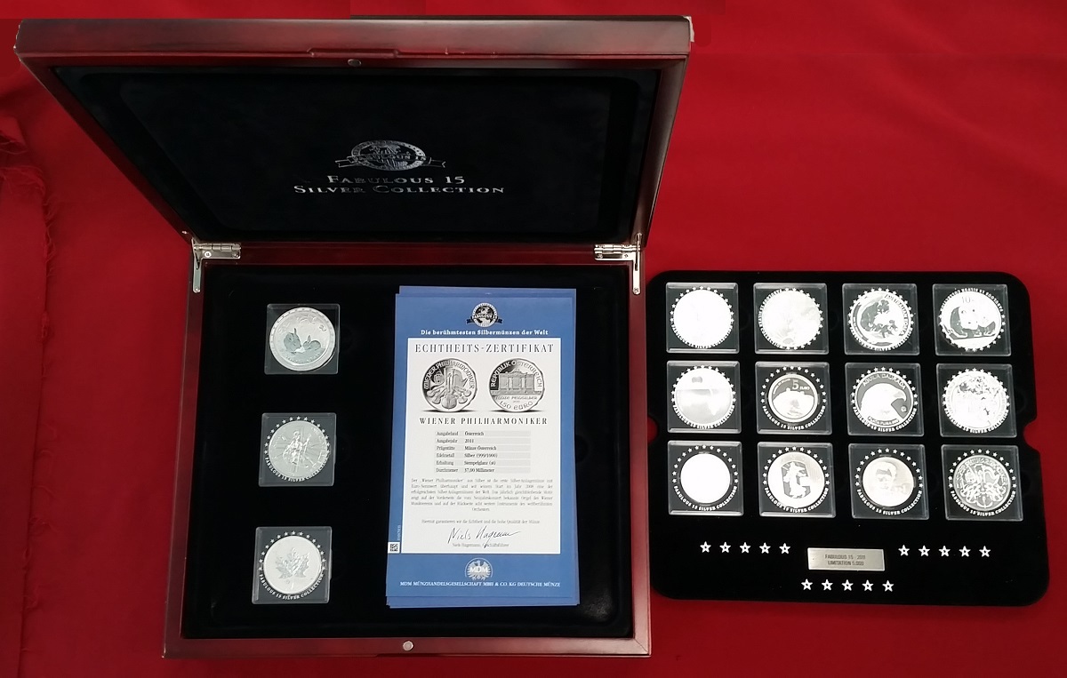 Fabulous 15 Serie mit Box 15 Silbermünzen Set Fabulous 15 Set 2011 mit Holzbox und Zertifikaten ...