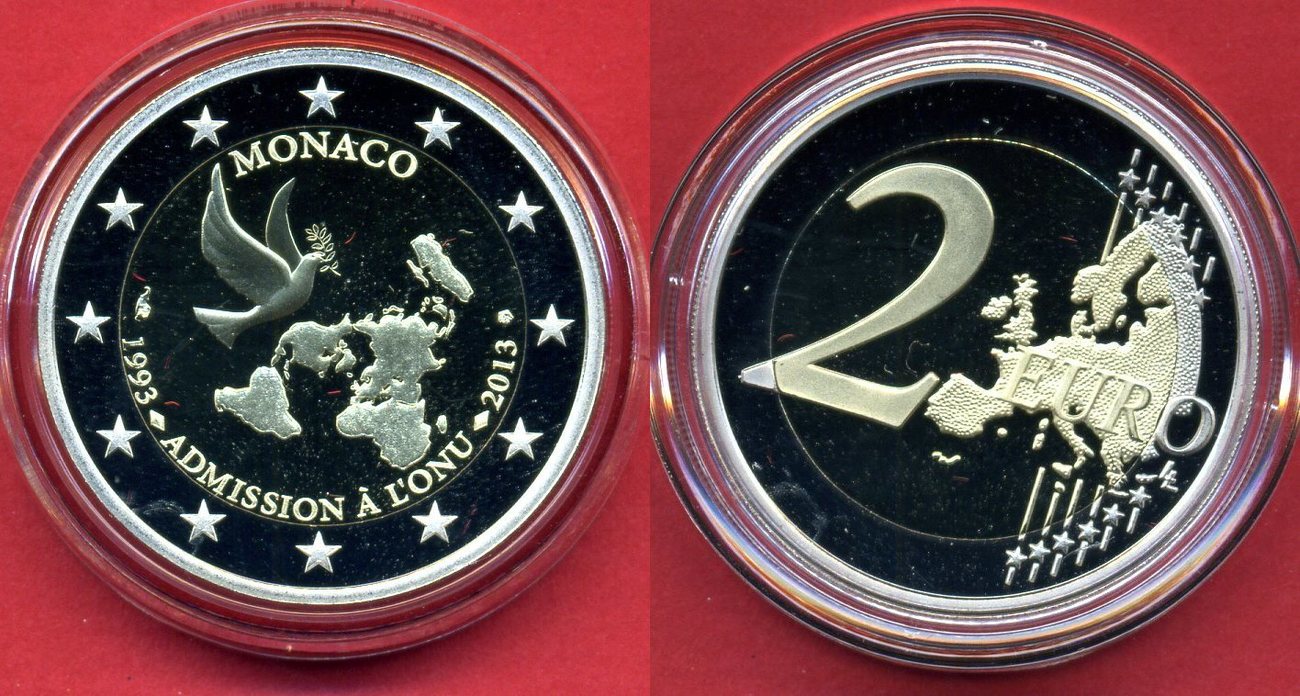 Monaco 2 Euro Gedenkmünze 2013 20 Jahre Mitgliedschaft in der UNO Proof ...