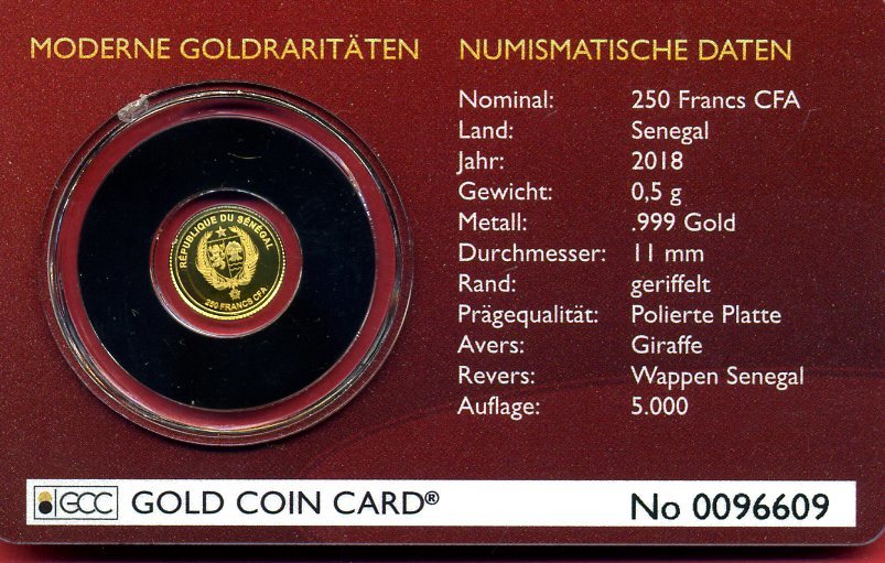 Senegal 250 Francs CFA Minigoldmünze 2018 Giraffe PP in Kapsel | MA-Shops