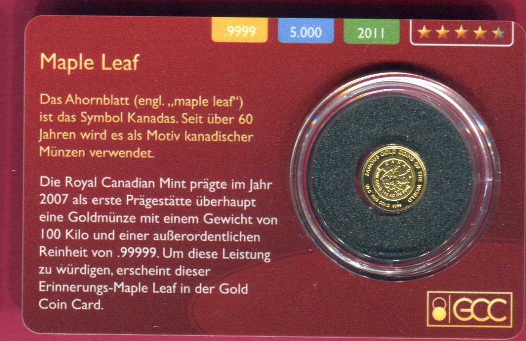 DR Kongo 100 Francs CFA Minigoldmünze 2011 Maple Leaf proof in coincard ...