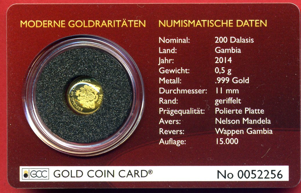 Gambia 200 Dalasis Minigoldmünze 2014 Nelson Mandela proof in coincard ...