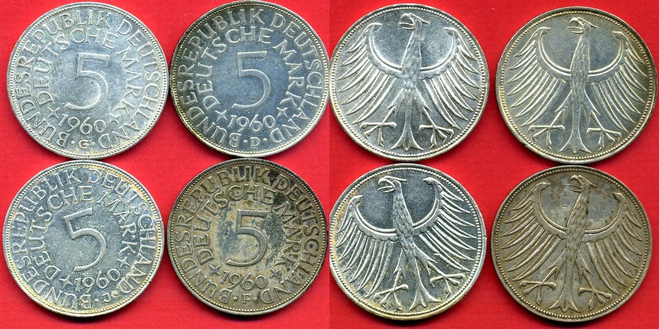 Bundesrepublik Deutschland 4 x 5 DM Silberadler 1960 4 x 5 Mark Adler F ...