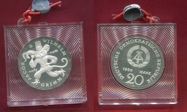 Eastern Germany DDR GDR 20 Mark Silber 1986 A Gebrüder Grimm, Gestiefelter Kater Puss in Boots ...