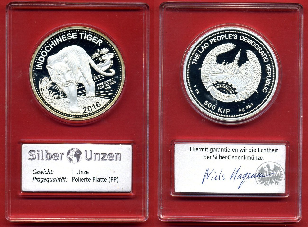 Laos 500 Kip Silbergedenkmünze 2016 Indochinese Tiger PP in Kapsel mit ...