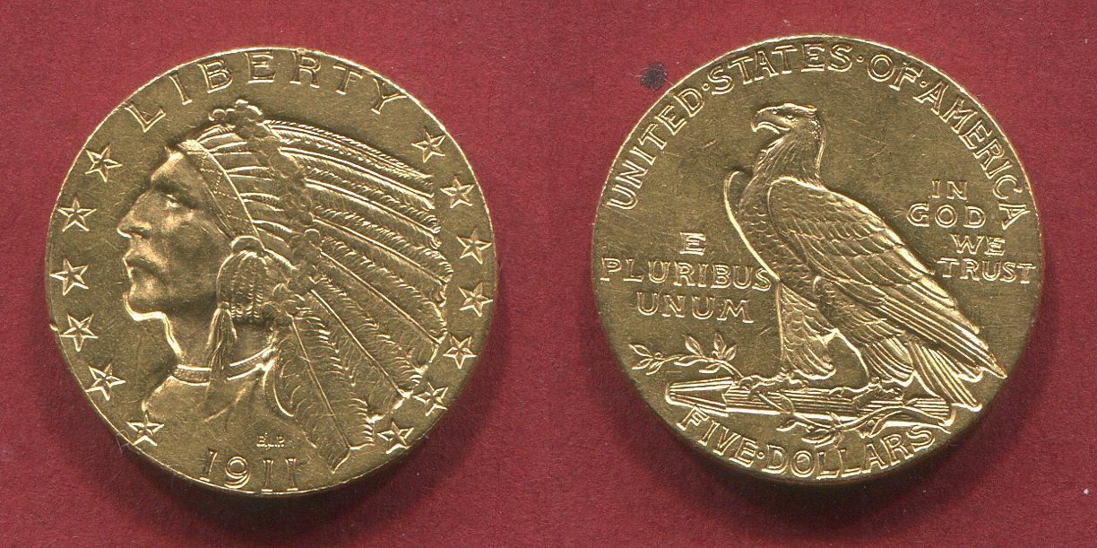 USA 5 Dollars Dollar Half eagle 1911 Indian Head Indianerkopf USA au-unc | MA-Shops