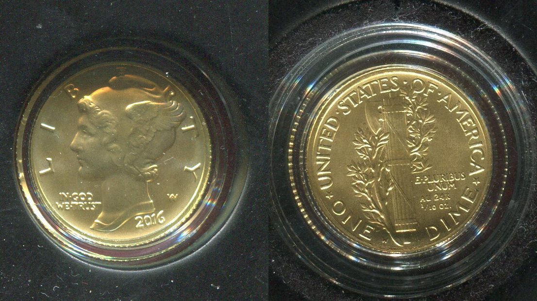 USA 1/10 Unze Dime Gold 2016 US Gold Mercury Dime Centennial UNC Box ...