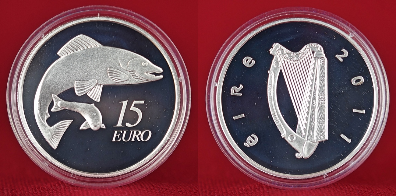 Irland 15 Euro Silber 2011 Salmon proof in capsule with cert. | MA-Shops