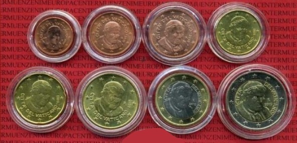 Vatikan 1 Cent bis 2 Euro, 8 Münzen 2010 Kursmünzensatz mit Papst Benedikt XVI. BU with capsules ...