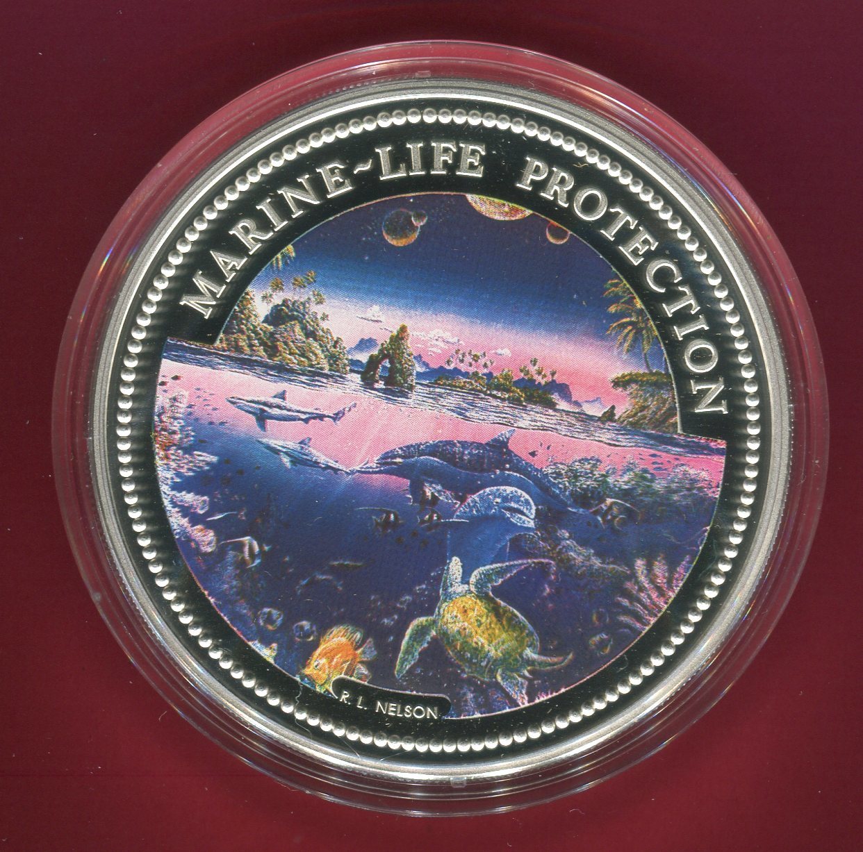Palau 20 Dollar Silbermünze 5 Unzen Silber 1994 Farbmünze Marine Life Protection - Schildkröte ...