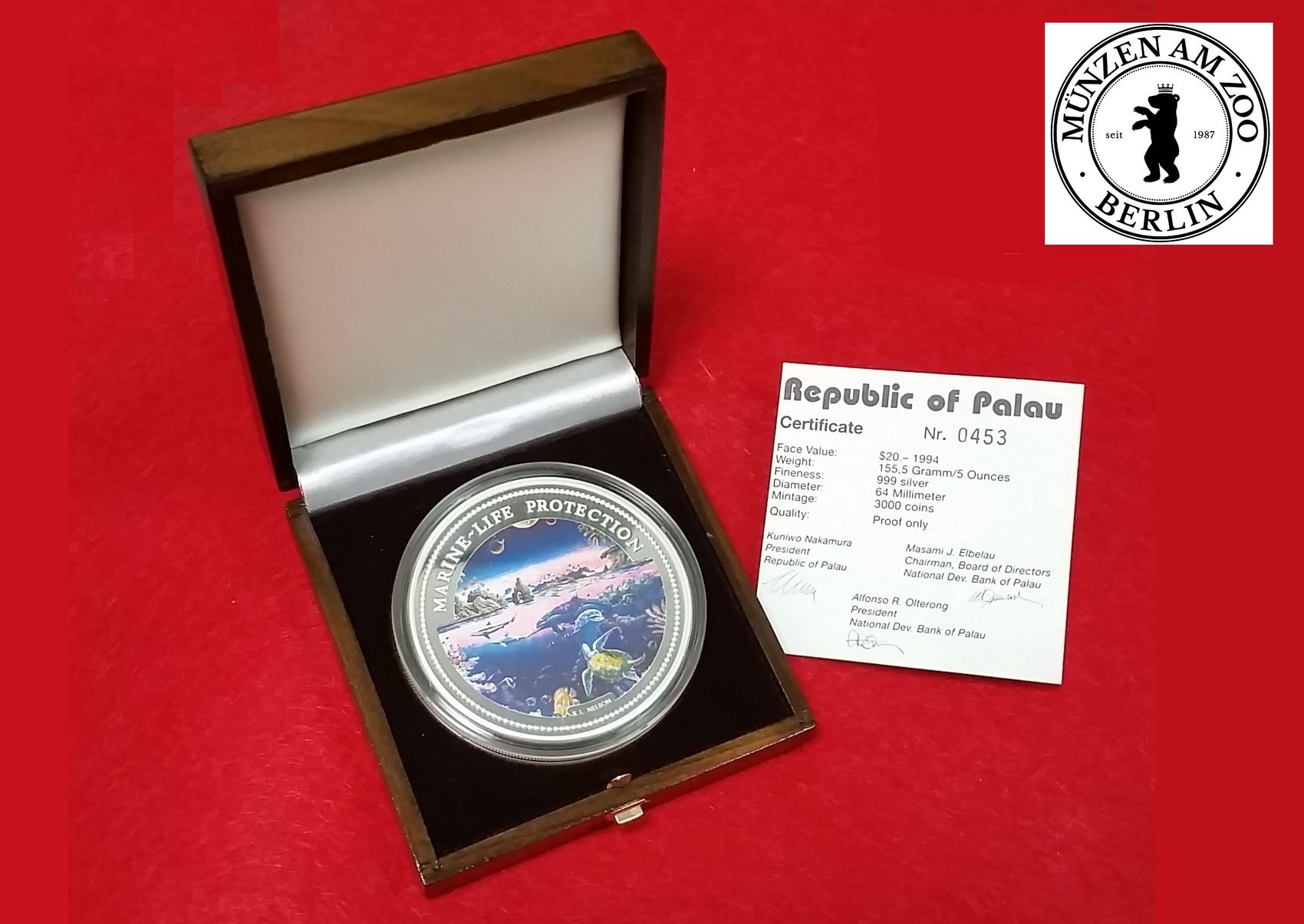 Palau 20 Dollar Silbermünze 5 Unzen Silber 1994 Farbmünze Marine Life Protection - Schildkröte ...