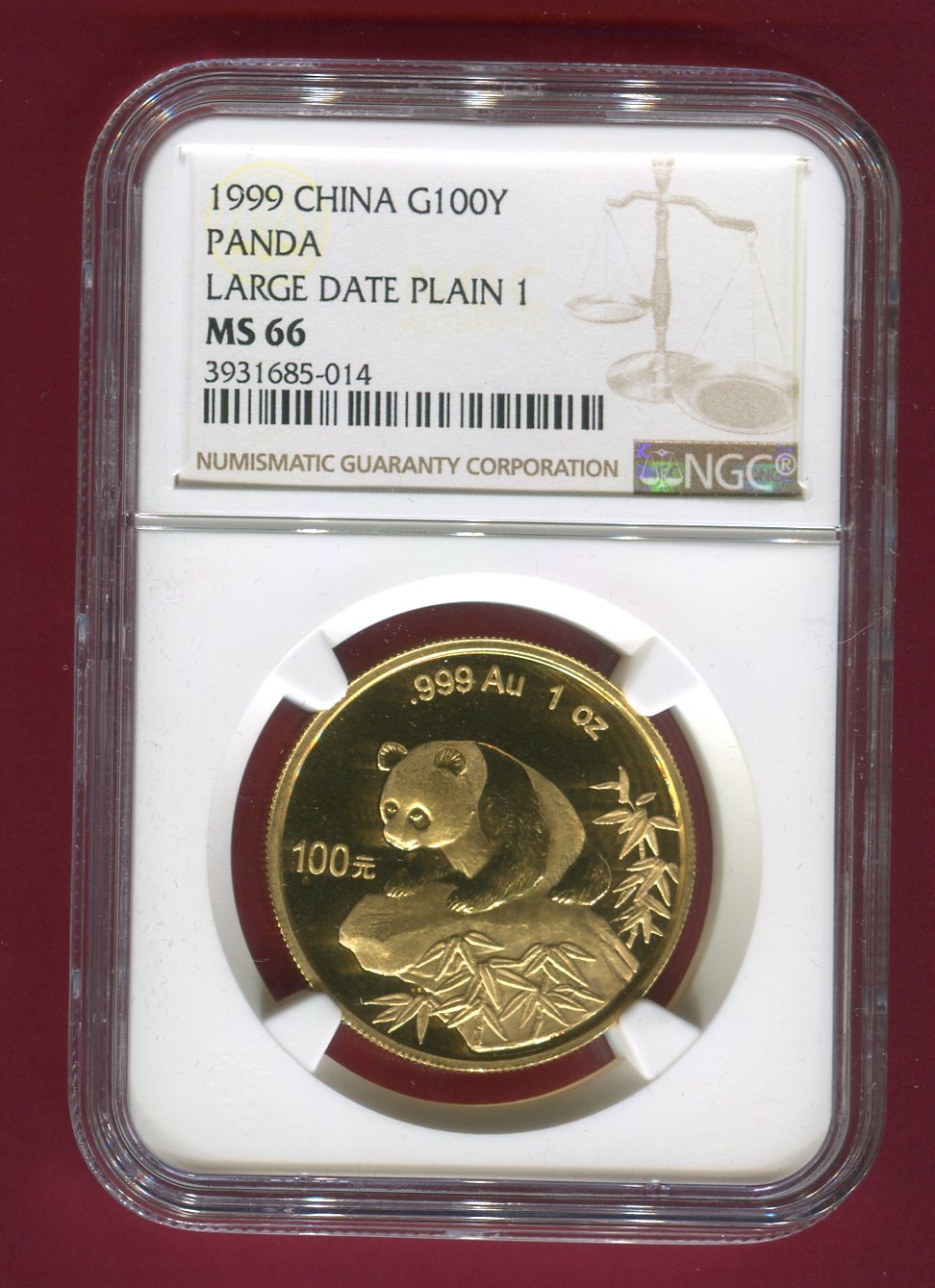 China 100 Yuan Goldmünze 1999 Panda - Large Date - Großes Datum NGC MS ...