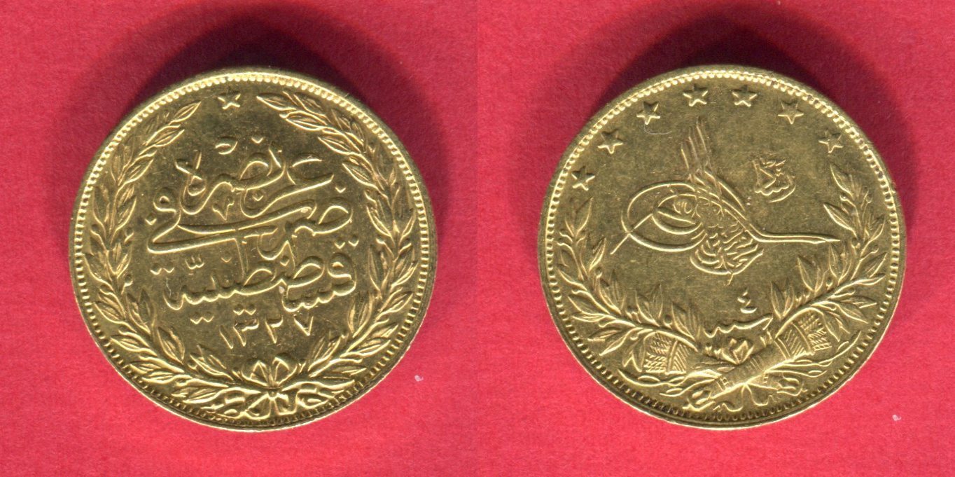 Türkei, Turkey 100 Kurush 1327 J. 4 Gold Mohammad V. vf | MA-Shops