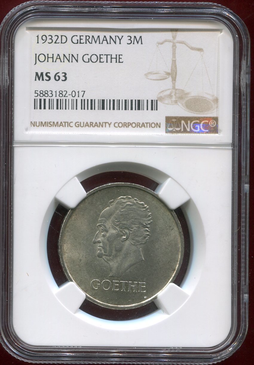 Deutsches Reich 3 Reichsmark 1932 D 100. Todestag Johann Wolfgang von ...