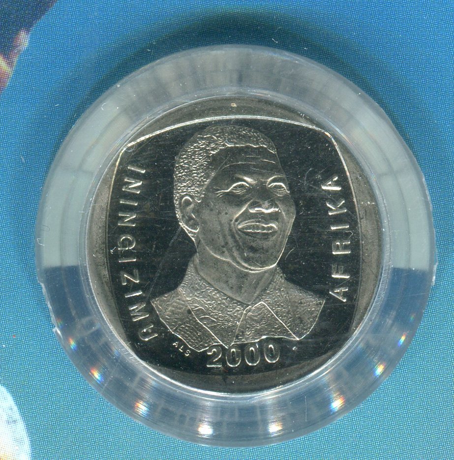Südafrika 5 Rand Ku/Ni Münze 2000 Nelson Mandela - iNingizimu Afrika - Weißschwanzgnu Proof with ...