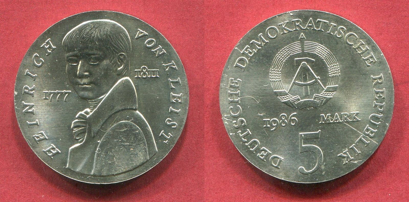 DDR 5 Mark DDR Gedenkmünze Cu/Ni Neusilber 1986 Heinrich von Kleist Unc ...