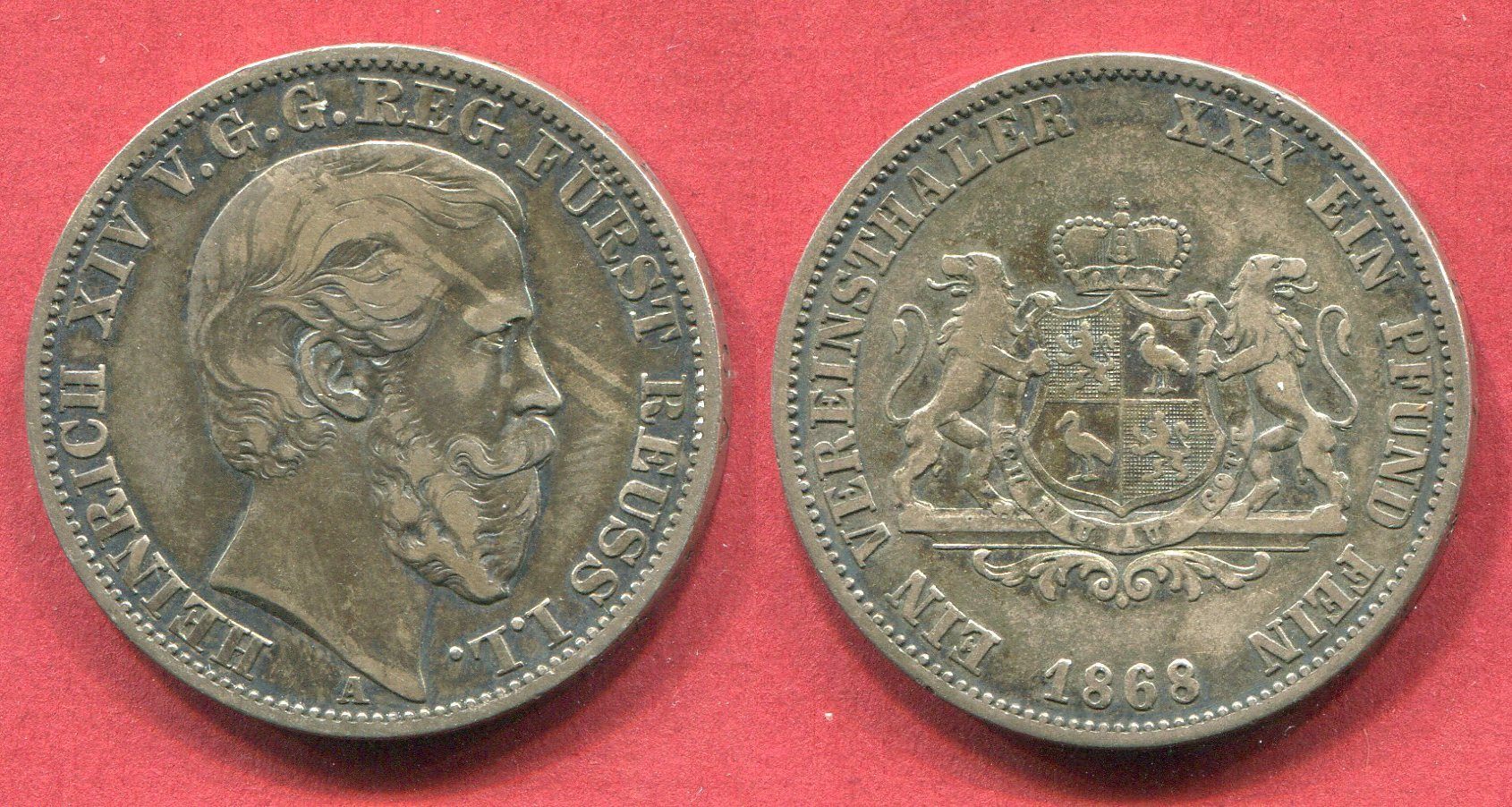 1 Thaler Taler 1868 Heinrich XIV. Reuss Greiz Jüngere Linie USA vf/xf ...