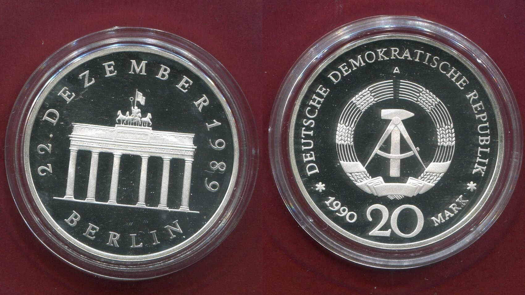 DDR 20 Mark Silbergedenkmünze 1990 Öffnung des Brandenburger Tors 22 ...