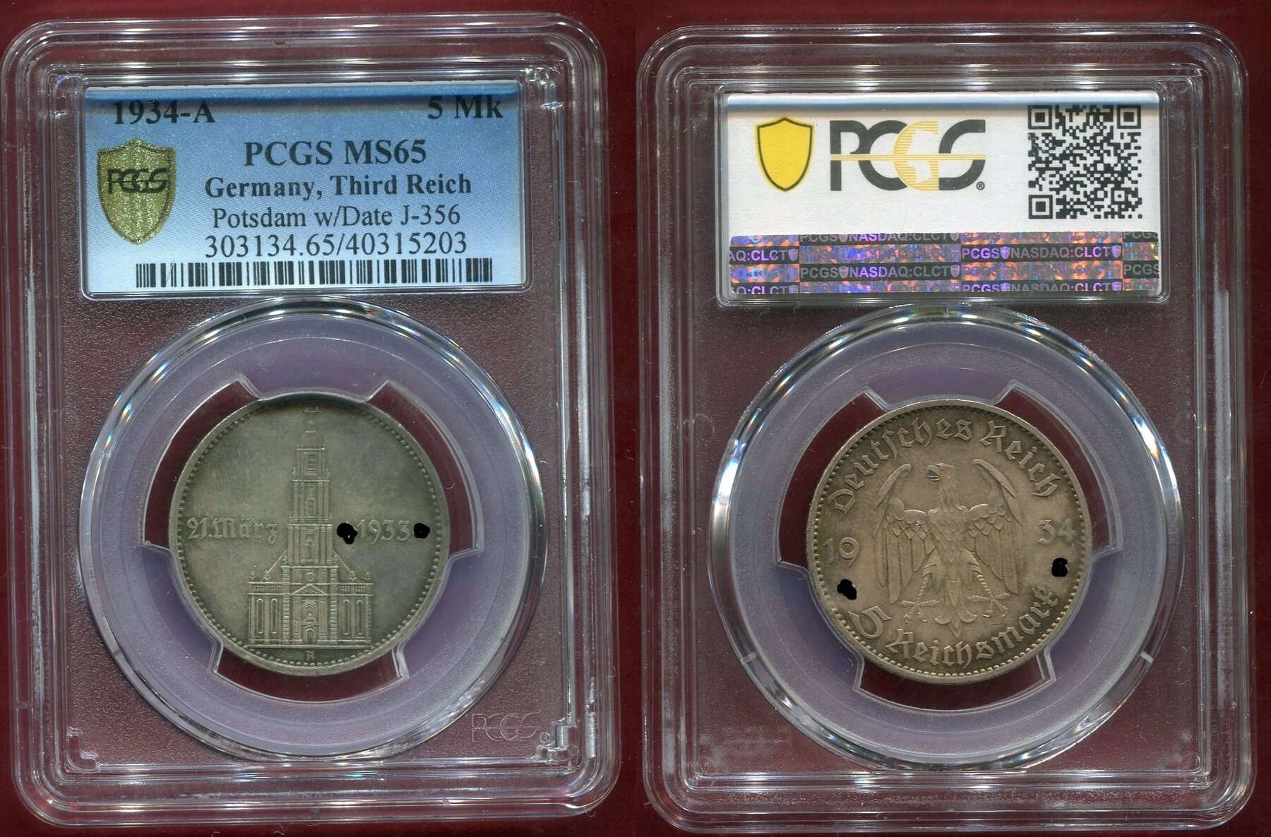 Germany, Third Reich 5 Mark 1934-A Garnisonkirche Potsdam 21. März 1933 Datum Pop 6, only one ...