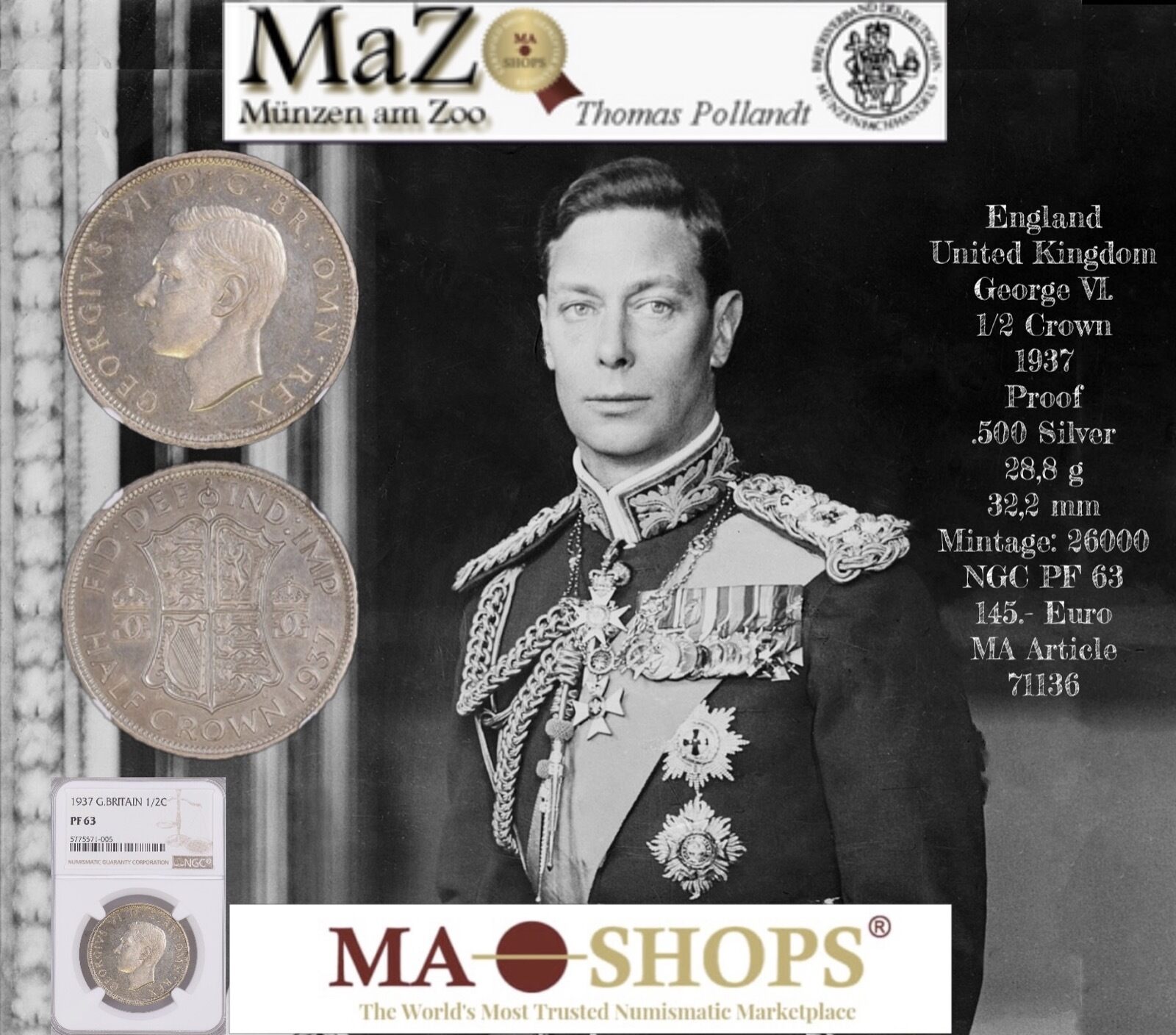 Great Britain England UK 1/2 Crown 1937 George VI. proof NGC PF 63 | MA ...