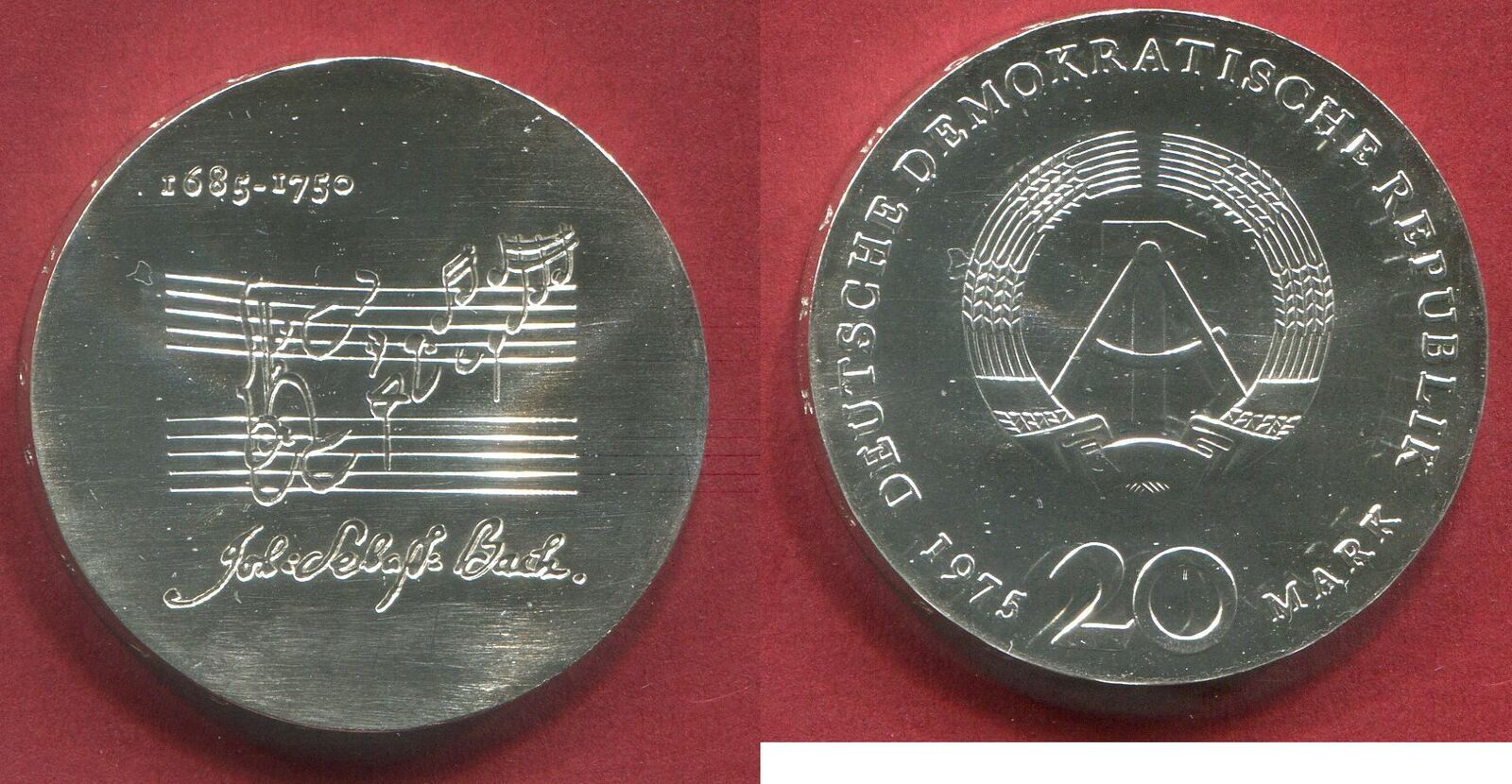 DDR 20 Mark Silber Motivprobe 1975 Bach Probe, vertiefte Noten, prfr. pattern, unc. lines | MA-Shops