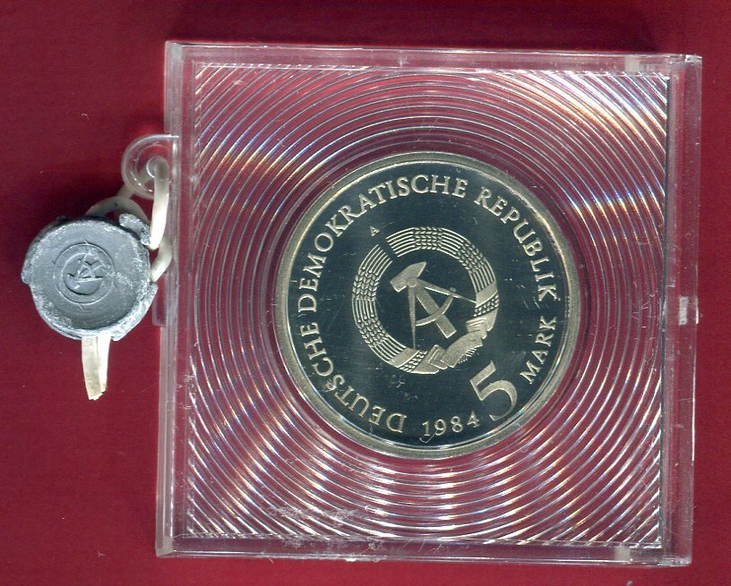 DDR 5 Mark Cu/Ni Gedenkmünze 1984 Altes Rathaus Leipzig Polierte Platte ...