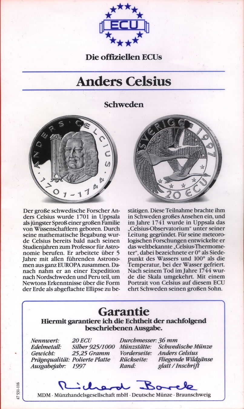 Schweden 20 ECU 1997 Anders Celsius Proof with capsule, certificate ...