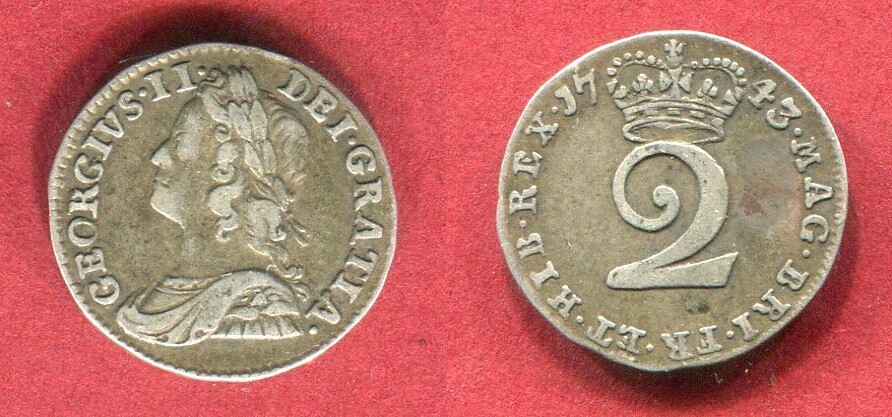 England 2 Penny Pence 1743 Georg George II. 1727 - 1760 vf | MA-Shops