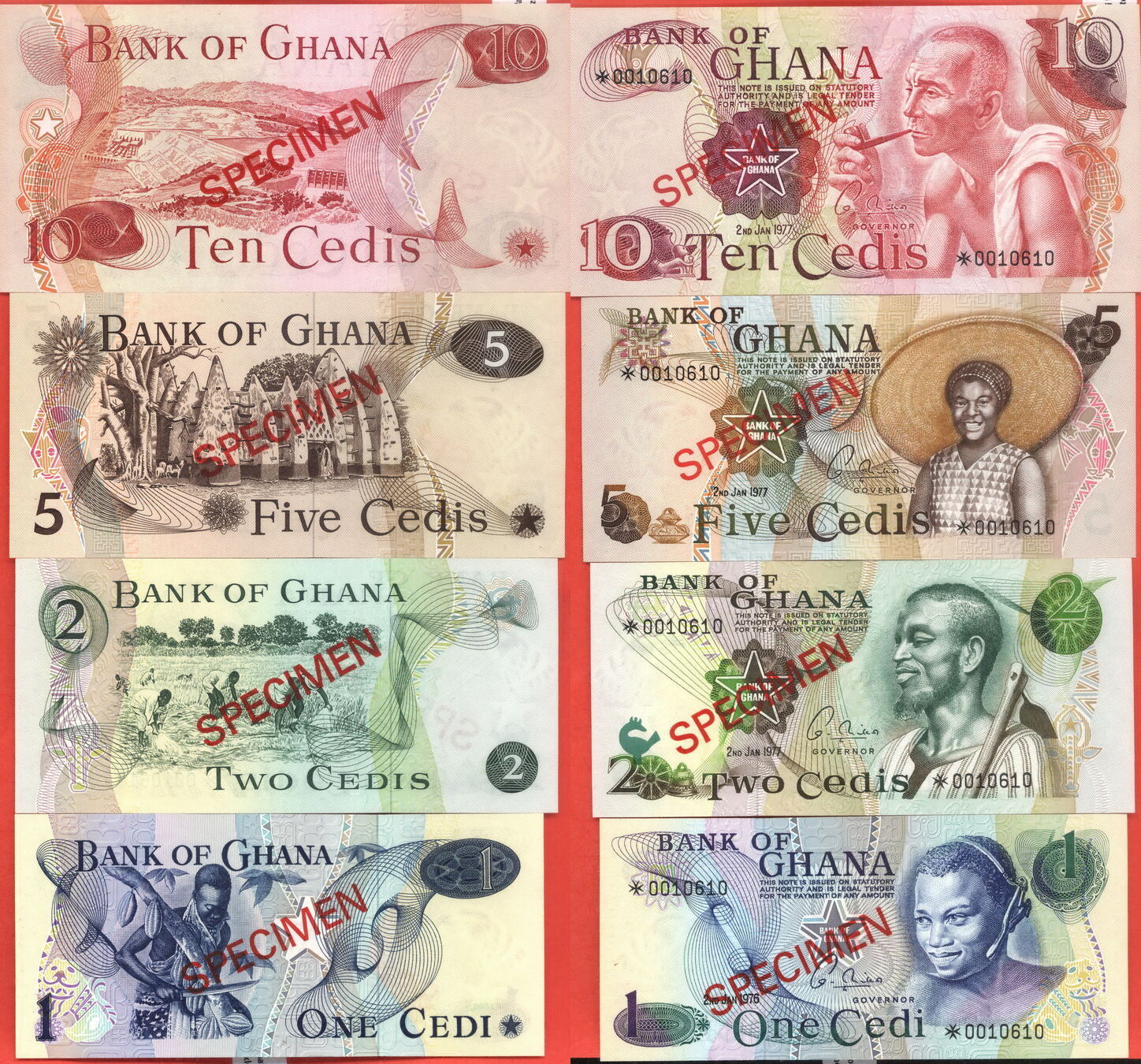 Ghana 1-2-5-10 Cedis 1976 Specimen Set 0010610 Uncirculated see picture ...