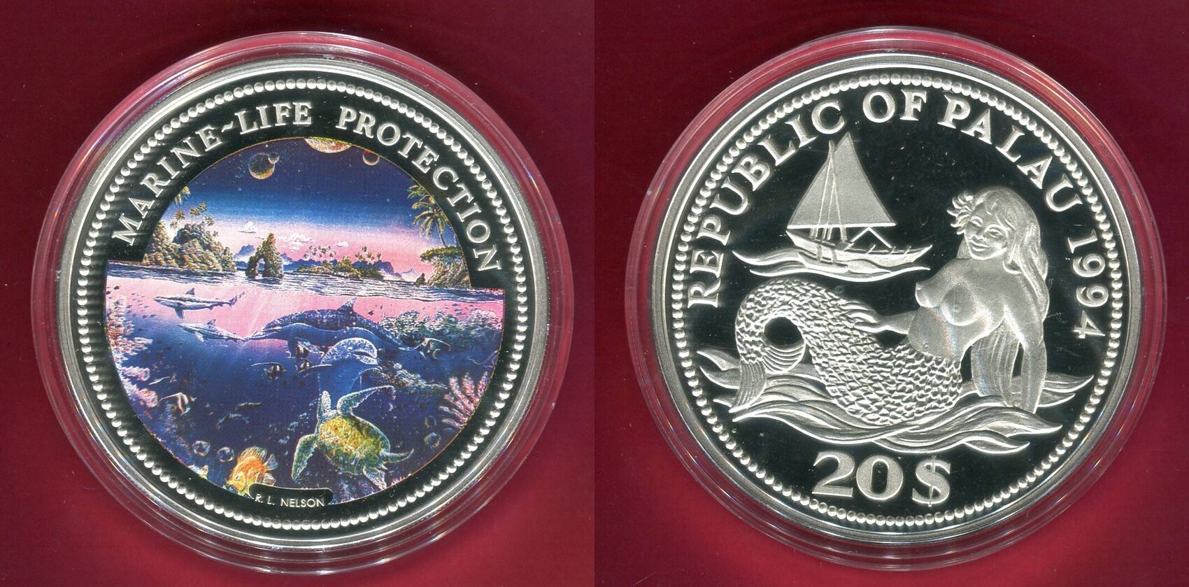 Palau 20 Dollar Silbermünze 5 Unzen Farbmünze 1994 Orca Haie Marine ...