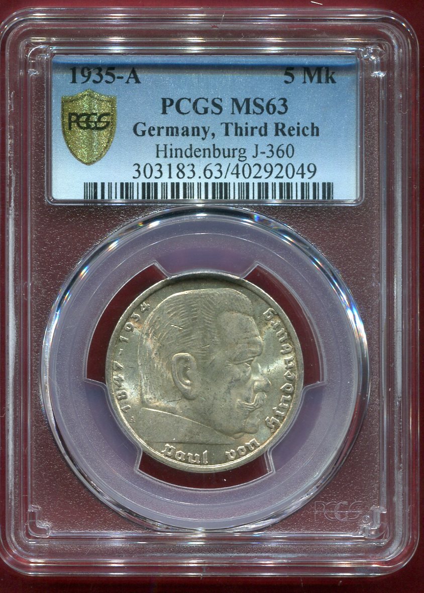 Germany, Third Reich 1933-1945 5 Mark 1935-A Hindenburg Adler PCGS ...
