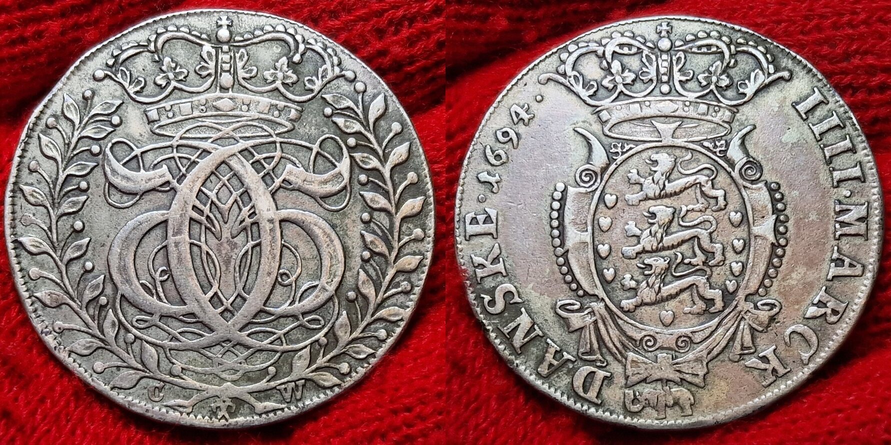Denmnark Dänemark Krone zu 4 Mark 1694 CW Christian V. 1670-1699 ...