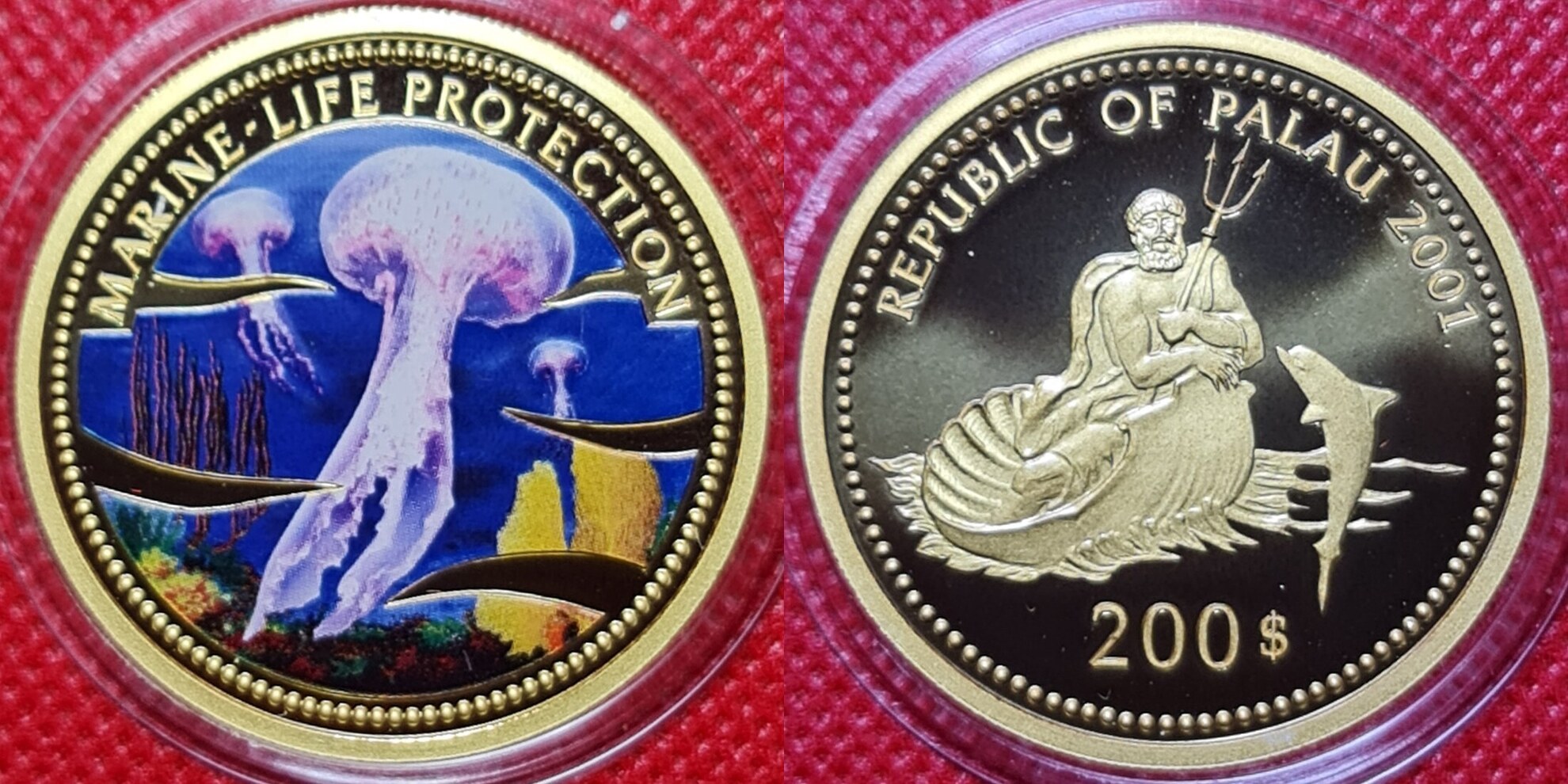 Palau Inseln Islands 200 Dollars Farbmünze Gold 1 Unze 2001 Marine Life Protection, Jellyfish ...