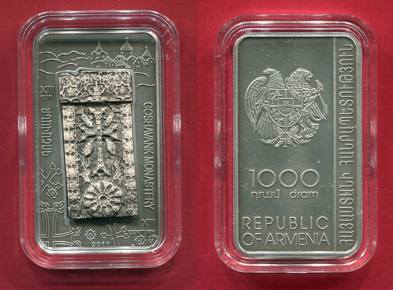 1000 Dram Viereck-Silbermünze 2011 Kreuzstein Marmor-Intarsie ...