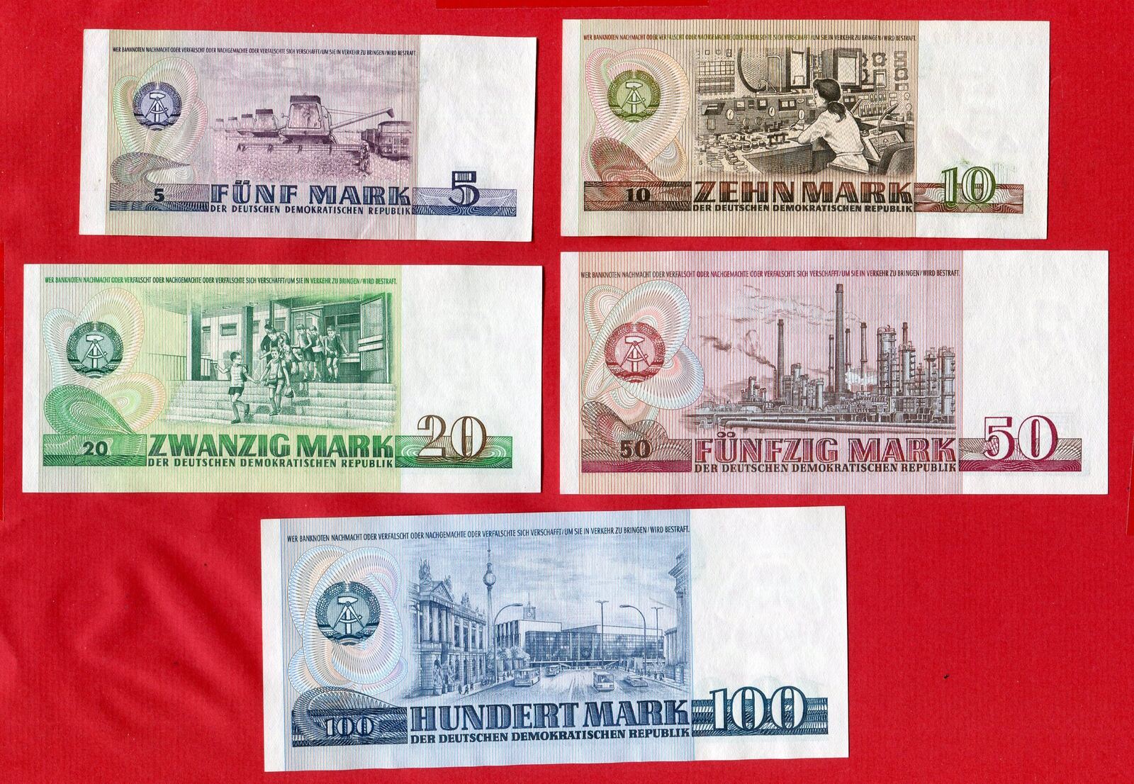DDR GDR Eastern Germany 5 bis 100 Mark Satz 5 Scheine Banknoten 1971 / ...