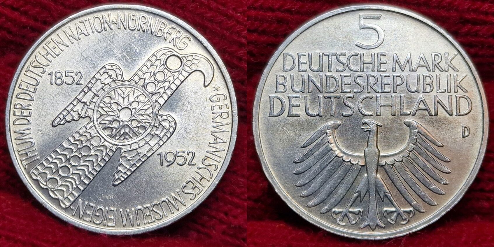 Bundesrepublik Deutschland, Germany FRG 5 DM Gedenkmünze Silber 1952 -D- Germanisches Museum in ...