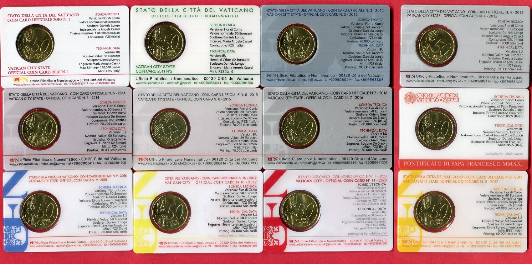 Vatikan 12 x 50 Cents Kursmünzen 2010-2021 Papst Johannes Paul II., Benedikt XVI. & Franziskus ...