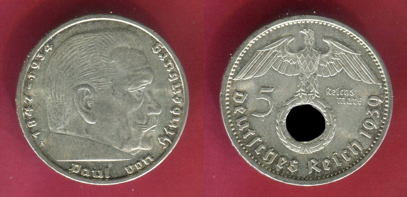 Germany Deutschland 1933-1945 5 Mark Reichsmark 1939 A Hindenburg mit ...