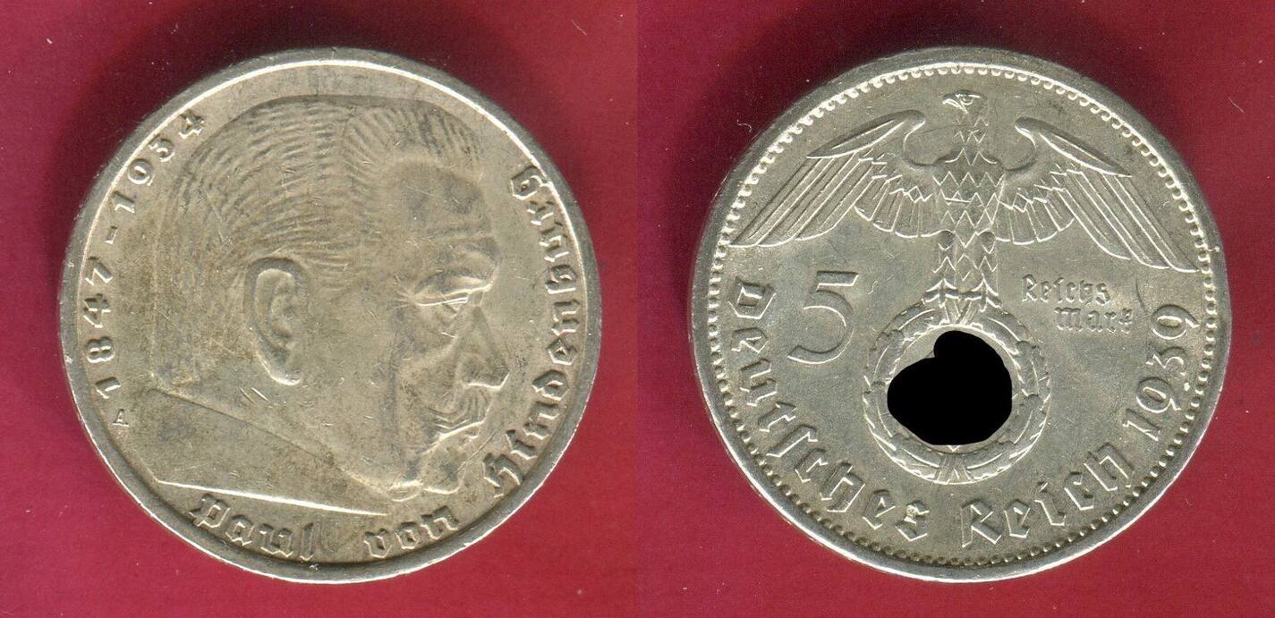 Germany Deutschland 1933-1945 5 Mark Reichsmark 1939 A Hindenburg mit ...