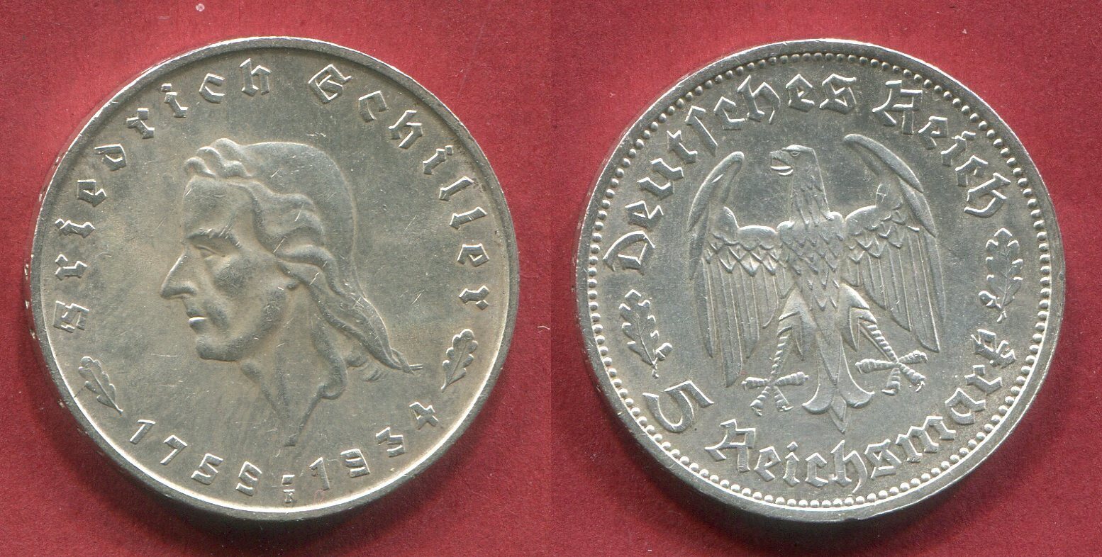III. Reich 5 Reichsmark Silber 1934 F 175. Geburtstag von Schiller USA ...