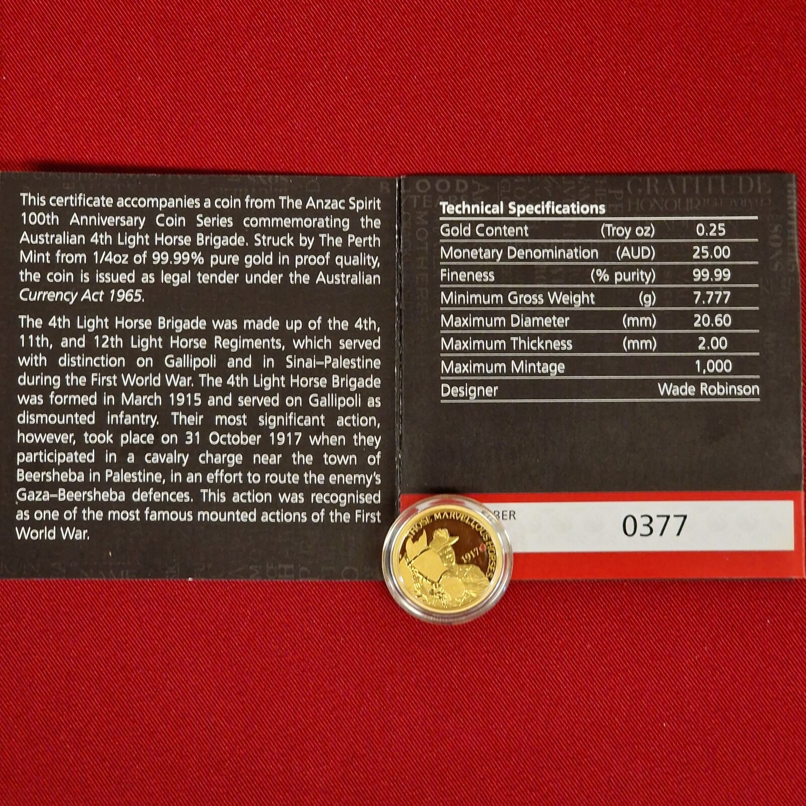 Australien 25 Dollar Goldm nze 1 4 Oz Gold Proof Coin 2017 The Anzac