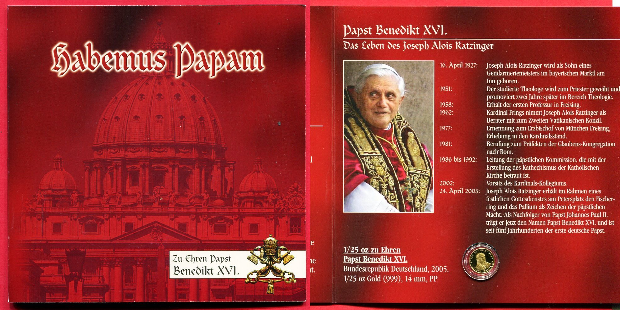 Deutschland Mini-Goldmedaille 2005 Habemus Papam - Papst Benedikt XVI ...