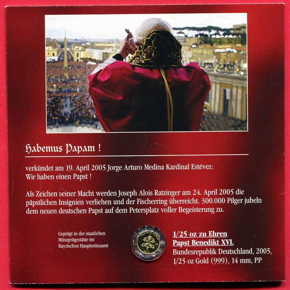 Deutschland Mini-Goldmedaille 2005 Habemus Papam - Papst Benedikt XVI ...