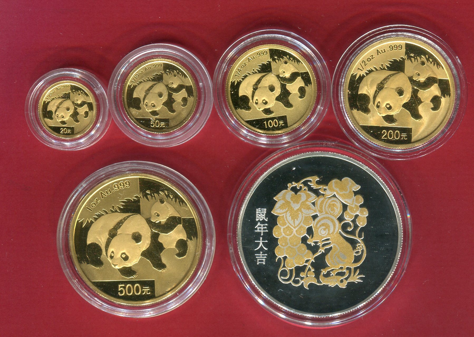 China 20, 50, 100, 200 & 500 Yuan Goldmünzen & Medaille 2008 Panda Gold ...