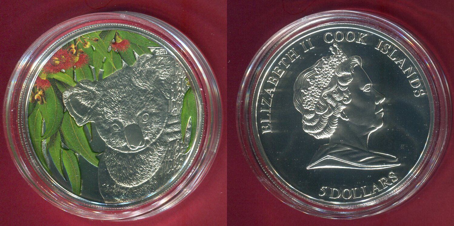 Cook-Islands 5 Dollars Silbermünze mit Farbauflage 2011 Koala mit ...