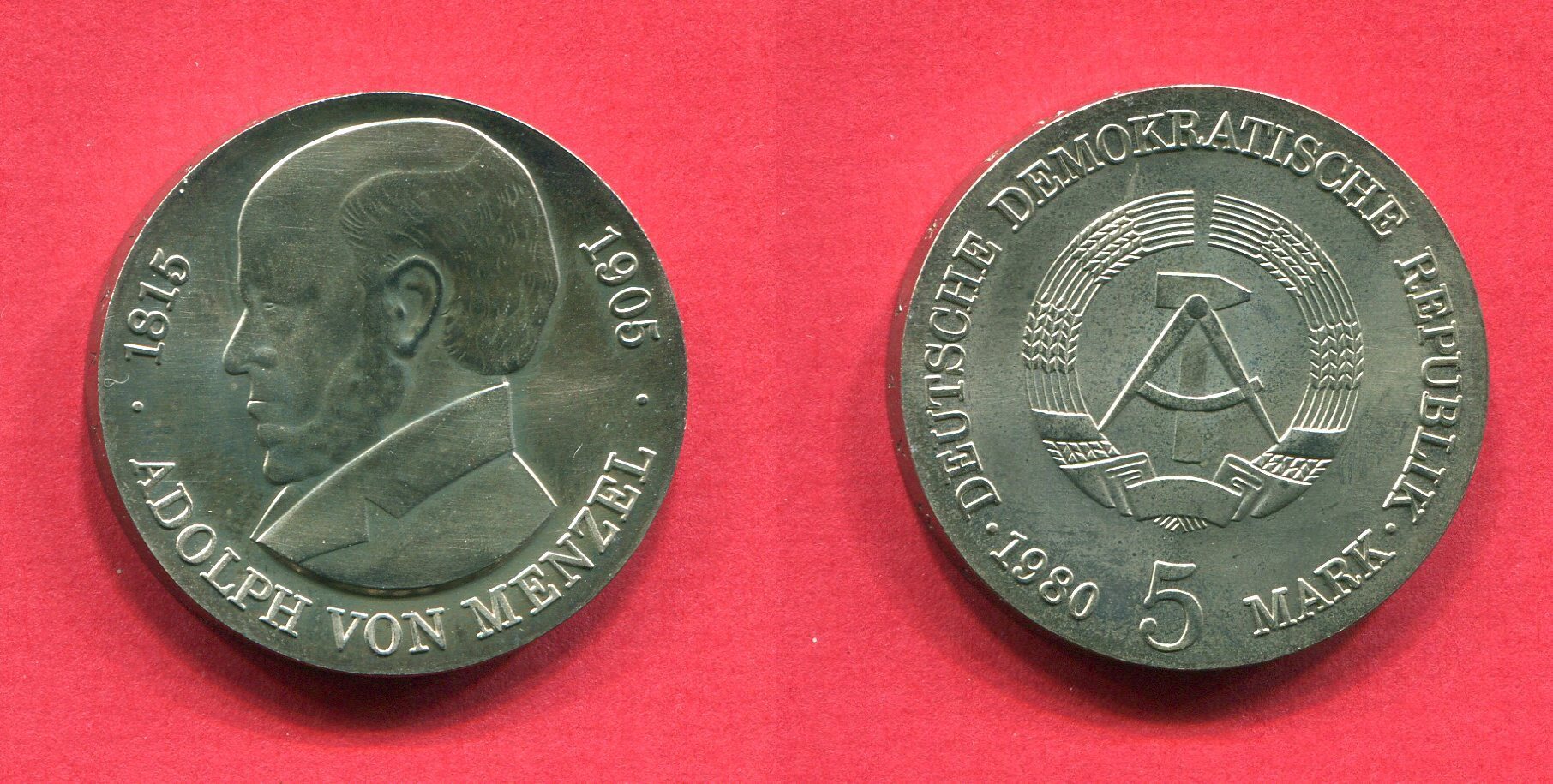 DDR 5 Mark DDR Neusilber 1980 Adolph Menzel prägefrisch leicht ...