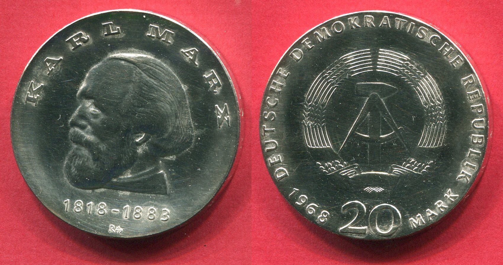 DDR 20 Mark Silbergedenkmünze 1968 150. Geburtstag Karl Marx prägefrisch | MA-Shops
