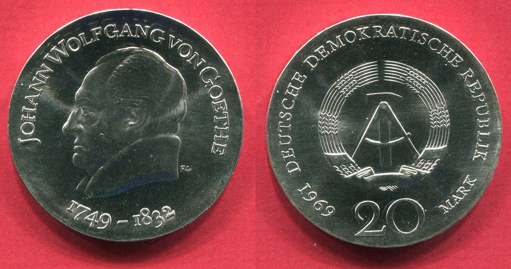 DDR 20 Mark Silbergedenkmünze 1969 220. Geburtstag Johann Wolfgang von Goethe 1749-1832 ...