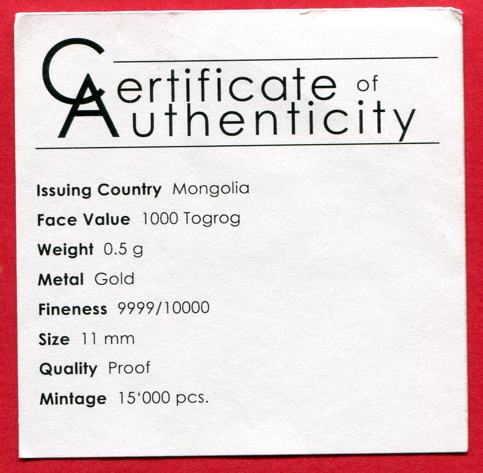 Mongolei 1000 Togrog Minigoldmünze 2017 Lunar - Jahr des Hahnes PP in ...