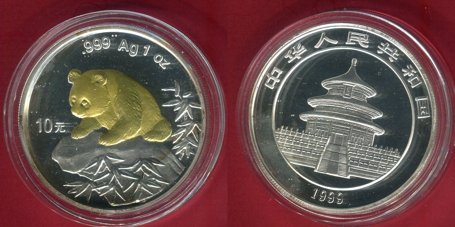 China Volksrepublik PRC 10 Yuan Silbermünze vergoldet 1999 Panda 1 Unze ...