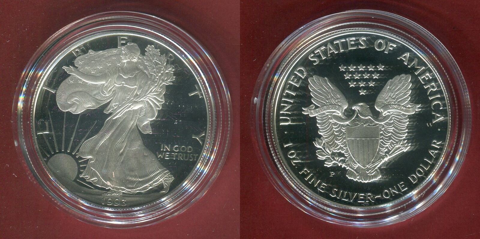 USA 1 Dollar Silbermünze 1993 -P- Silver Eagle - Eine Unze - Proof with ...